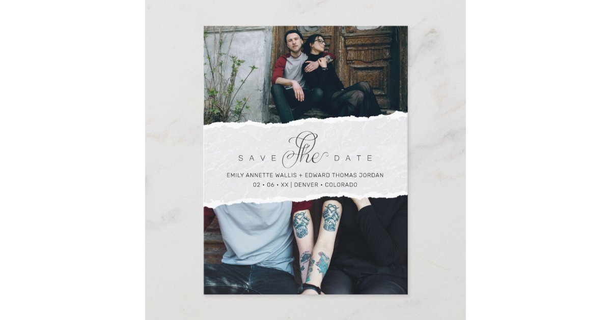 Ripped Paper Effect Wedding Custom Photo Script Invitation Postcard ...