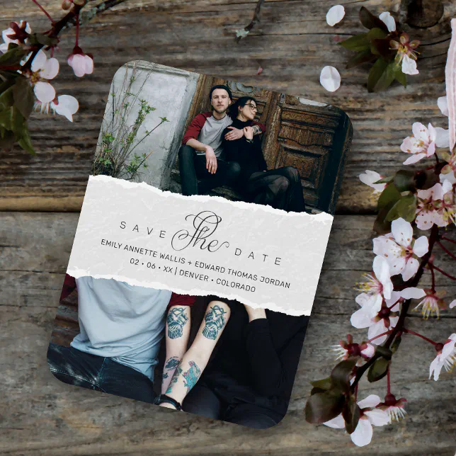 Ripped Paper Effect Wedding Custom Photo Script Magnet | Zazzle