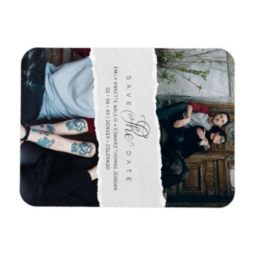Ripped Paper Effect Wedding Custom Photo Script Magnet | Zazzle