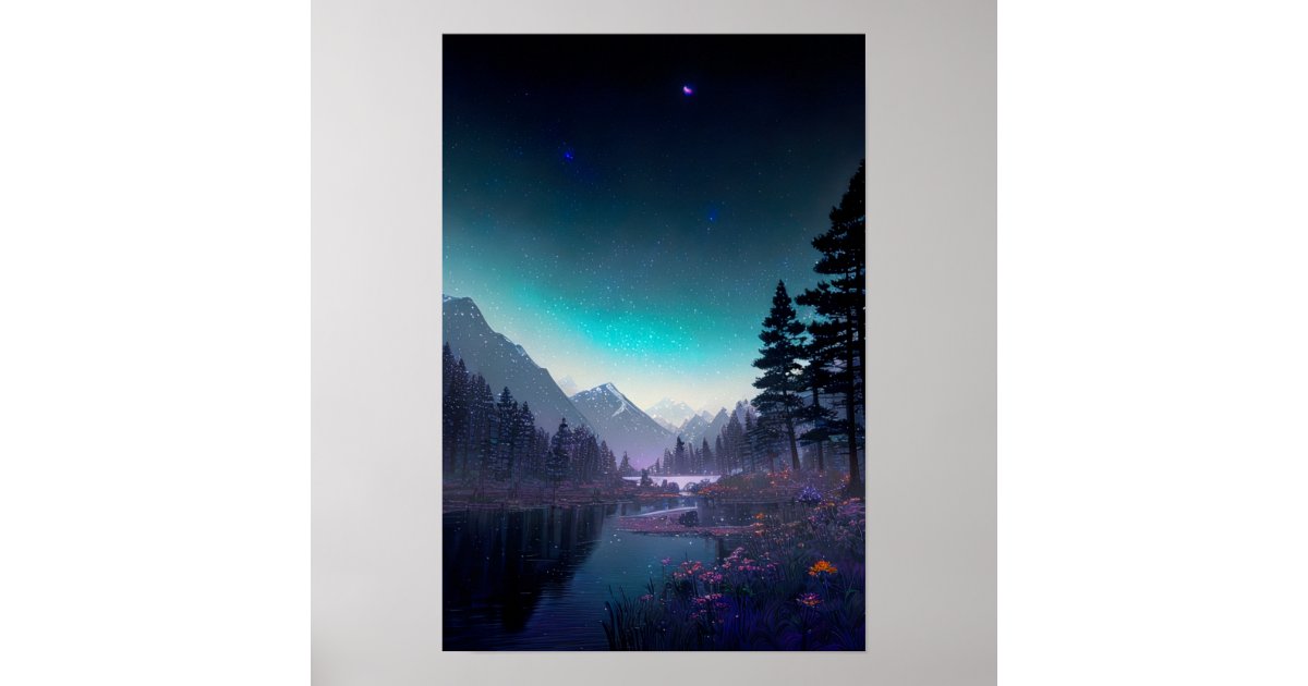 River Nightfall: Forest, Flowers, and Stars Poster | Zazzle