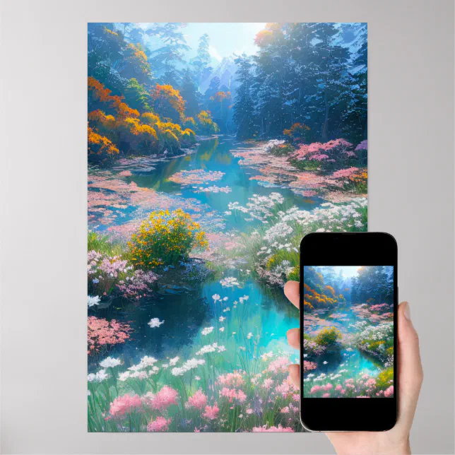 River's Embrace of Colorful Flora Poster | Zazzle