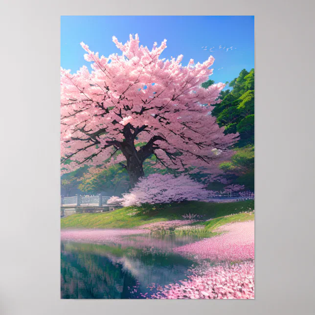 Riverside Bloom, Grand Sakura Tree Poster | Zazzle