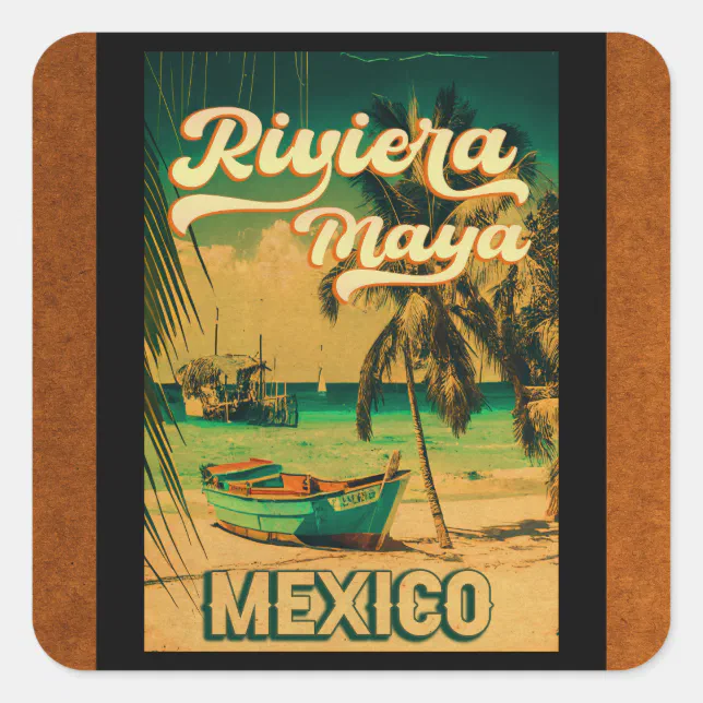 Riviera Maya Postcard Palm Tree Vintage Travel Square Sticker | Zazzle