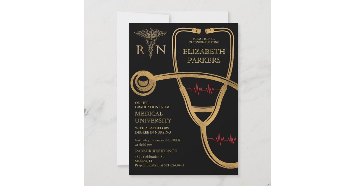 RN BSN Black Gold Nursing Graduation Party Invitation | Zazzle