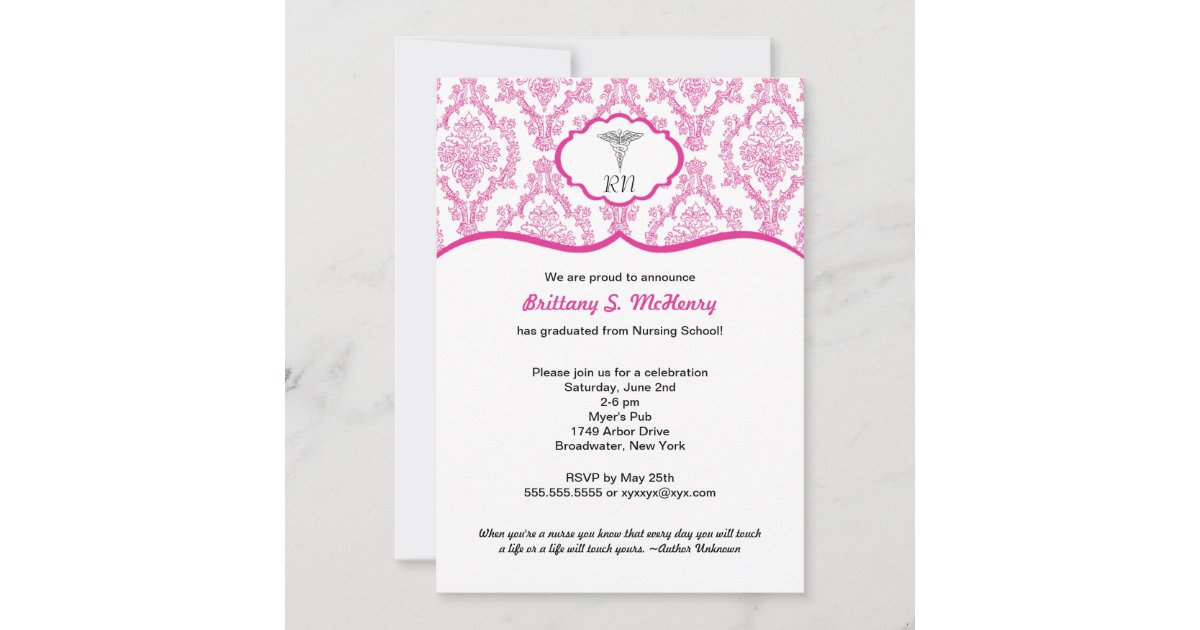 RN BSN Damask Fuchsia Nursing Student Graduation Invitation | Zazzle