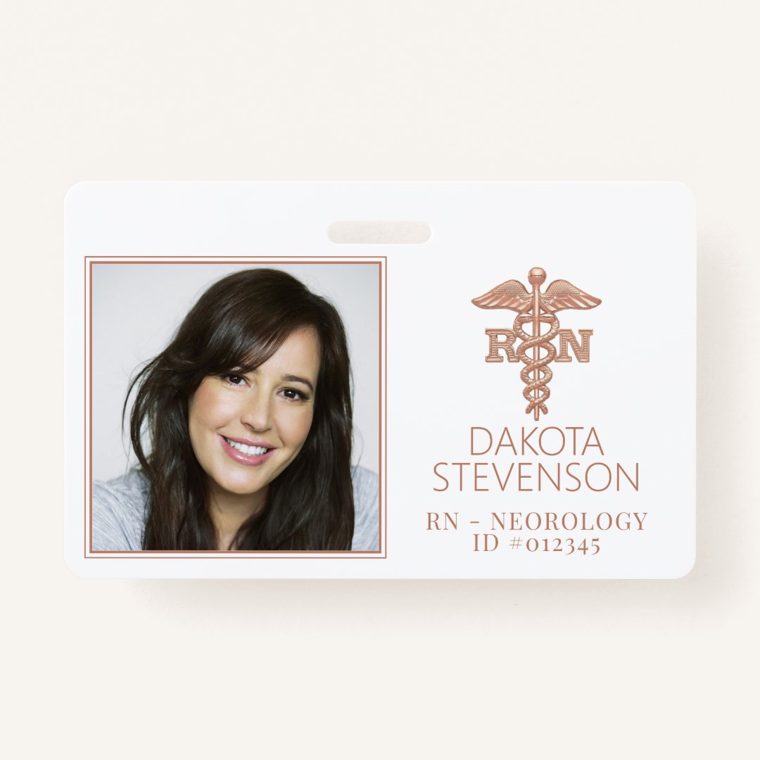 RN Caduceus | Copper Rose Gold Medical Photo ID Badge | Zazzle