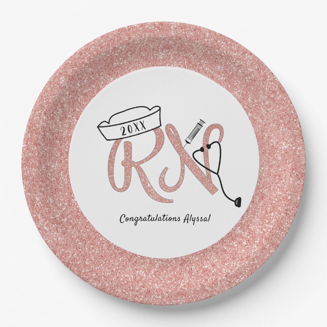RN graduation party decor, rose gold faux glitter Paper Plates | Zazzle