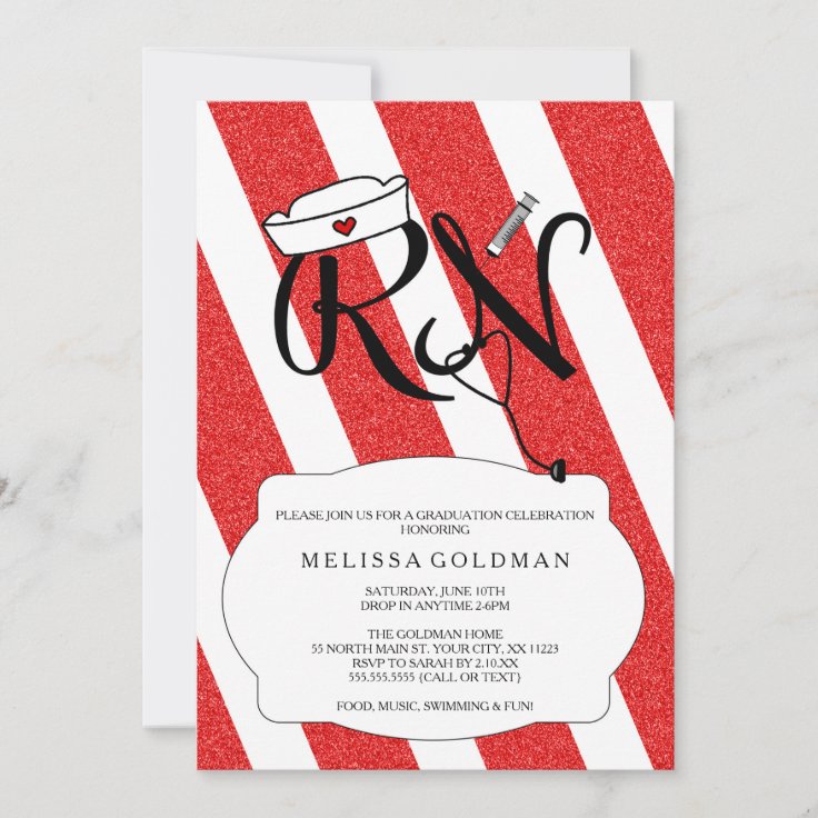RN Nurse graduation invites fun red glitter design | Zazzle