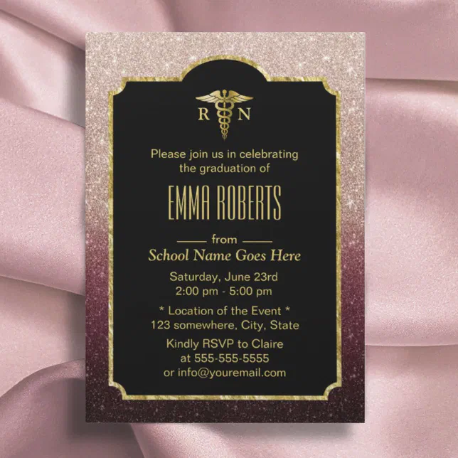 RN Nurse Graduation Modern Burgundy Rose Gold Invitation | Zazzle
