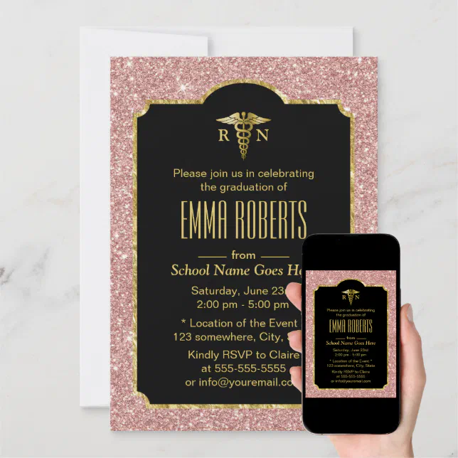 RN Nurse Graduation Party Modern Rose Gold Glitter Invitation | Zazzle