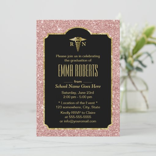 RN Nurse Graduation Party Modern Rose Gold Glitter Invitation | Zazzle