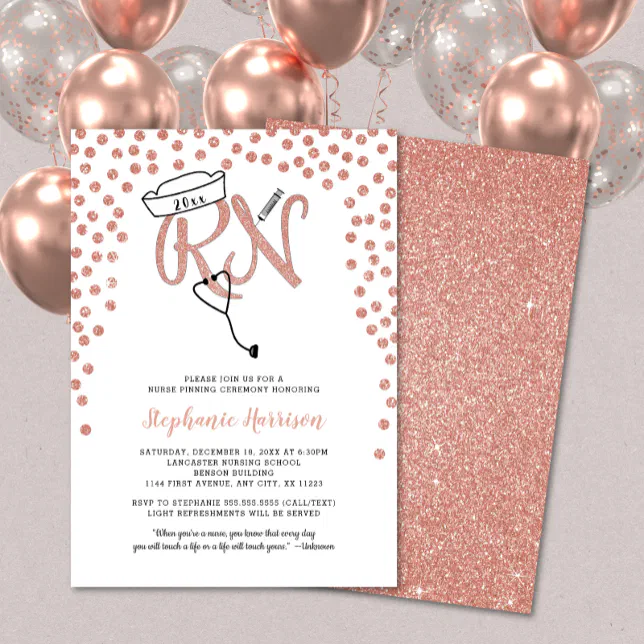 RN nurse graduation rose gold confetti pinning Invitation | Zazzle