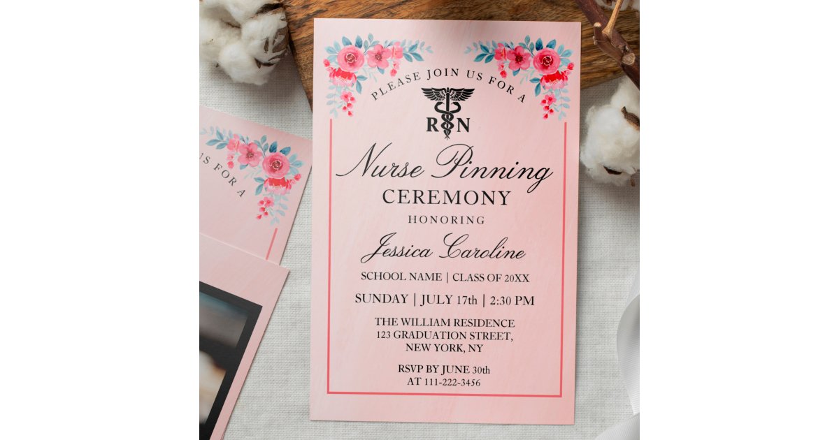 RN Nurse Pink Floral Pinning Ceremony With Flowers Invitation | Zazzle