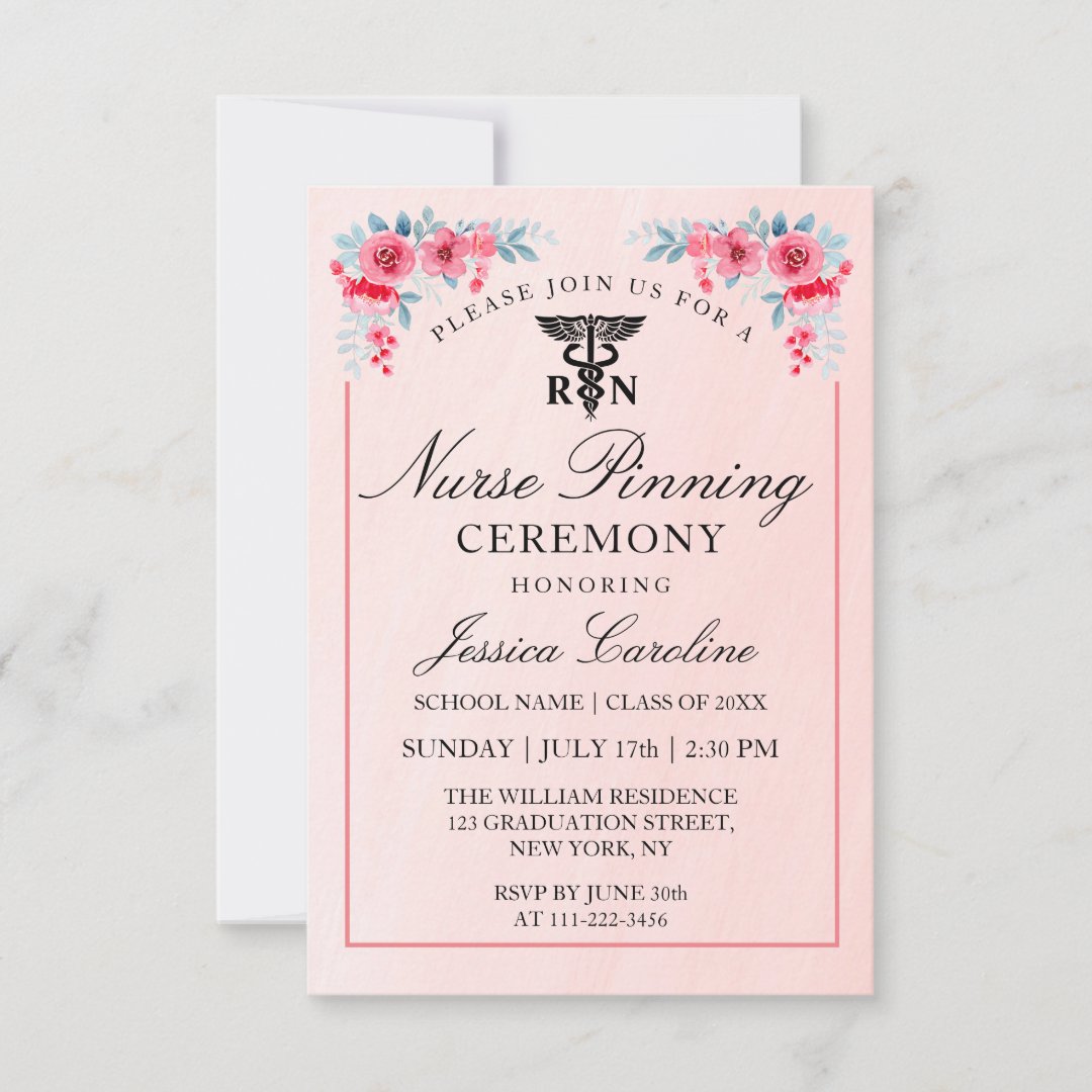 RN Nurse Pink Floral Pinning Ceremony With Flowers Invitation | Zazzle