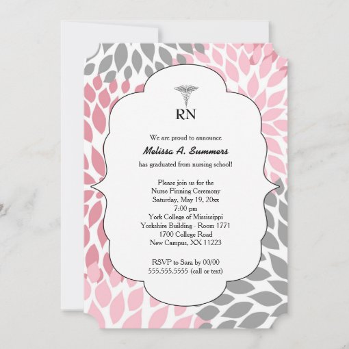 RN Nurse pinning ceremony invites pink gray floral | Zazzle