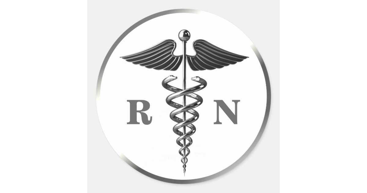 RN Nurse Silver Caduceus Symbol Medical Classic Round Sticker | Zazzle
