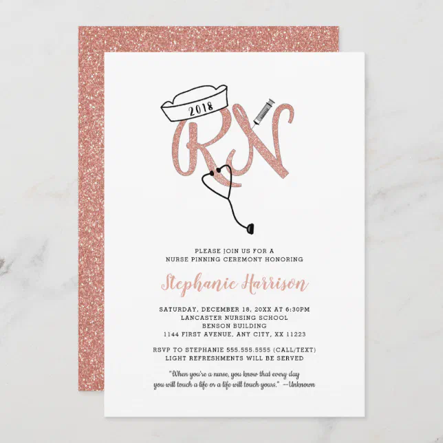 RN nursing graduation rose gold pinning Invitation | Zazzle