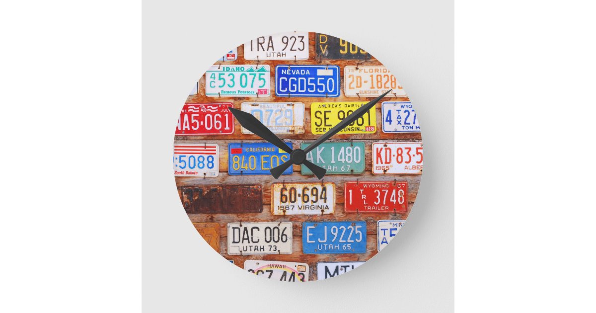 Roadtrip Gear - US License Plates Round Clock | Zazzle