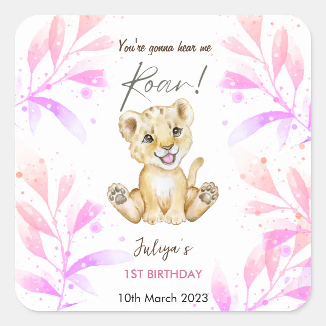 Roar 1st Birthday pink Square Sticker | Zazzle