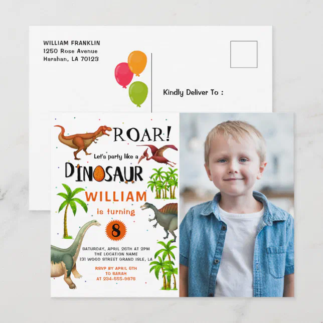 Roar Dinosaur Jungle Birthday Photo Invitation Postcard | Zazzle