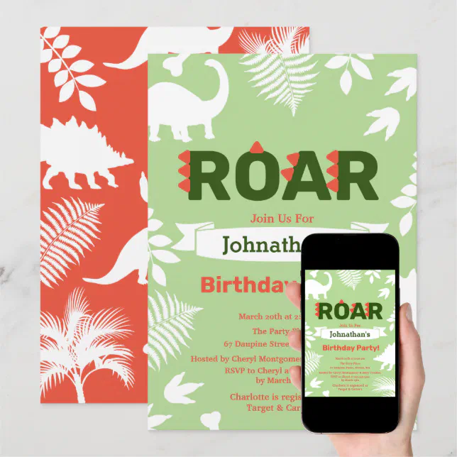 Roar Dinosaur & Jungle Foliage Birthday Invitation | Zazzle