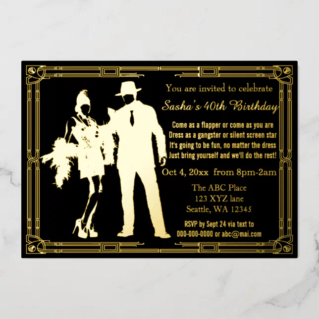 Roaring 20s art deco flapper girl and gangster foil invitation | Zazzle