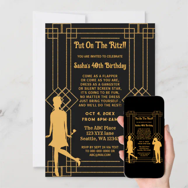 Roaring 20s art deco flapper girl and gangster invitation | Zazzle
