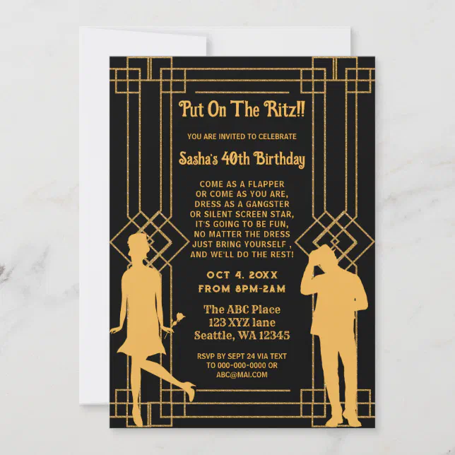 Roaring 20s art deco flapper girl and gangster invitation | Zazzle
