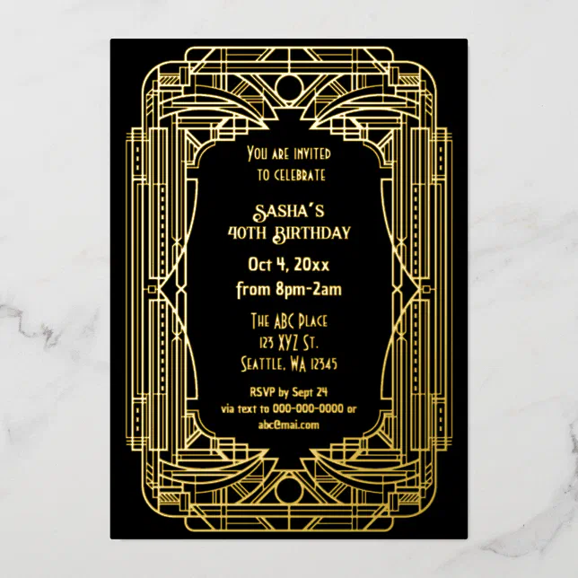 Roaring 20s art great Gatsby Art Deco Birthday Foil Invitation | Zazzle