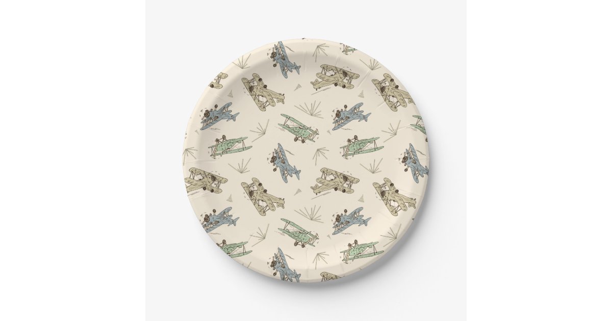 Roaring Art Deco Bi-planes - blue green pattern. Paper Plates | Zazzle