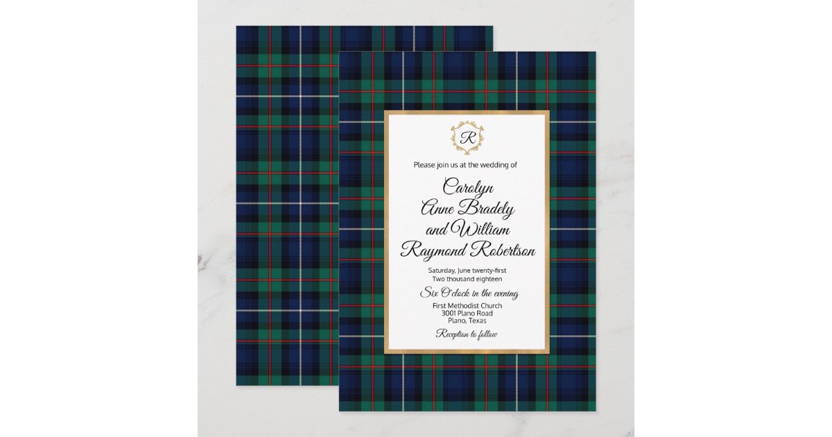 Robertson Plaid Monogrammed Wedding Invitation | Zazzle