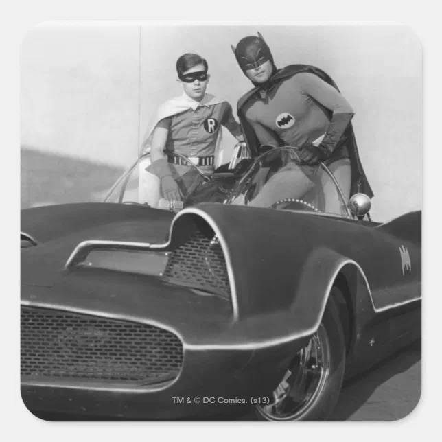 Robin and Batman Standing in Batmobile Square Sticker | Zazzle