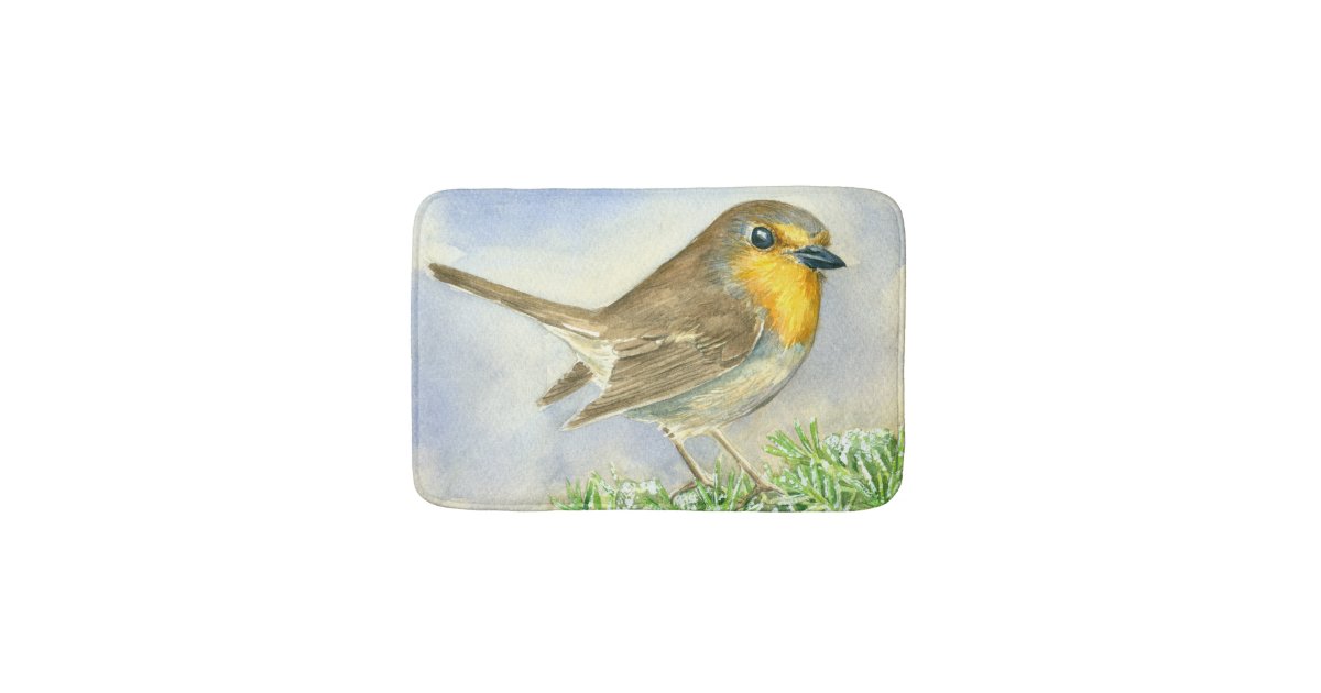 Robin bird on a frosted juniper branch bath mat | Zazzle