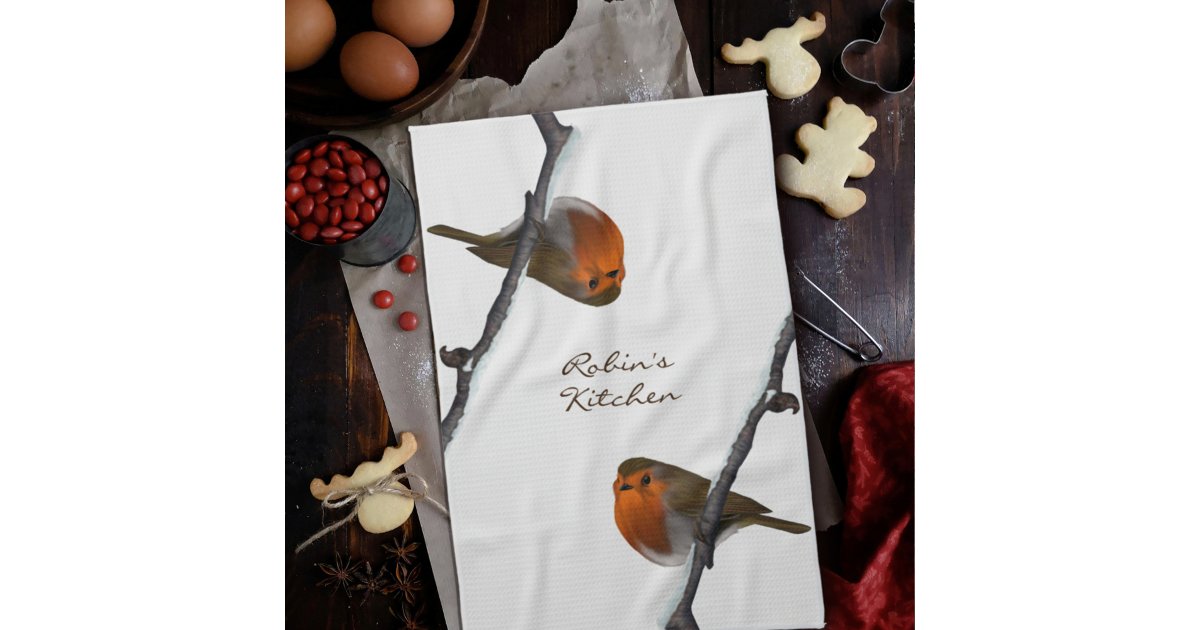 Robin Bird on Branch Personalized Kitchen Towel | Zazzle