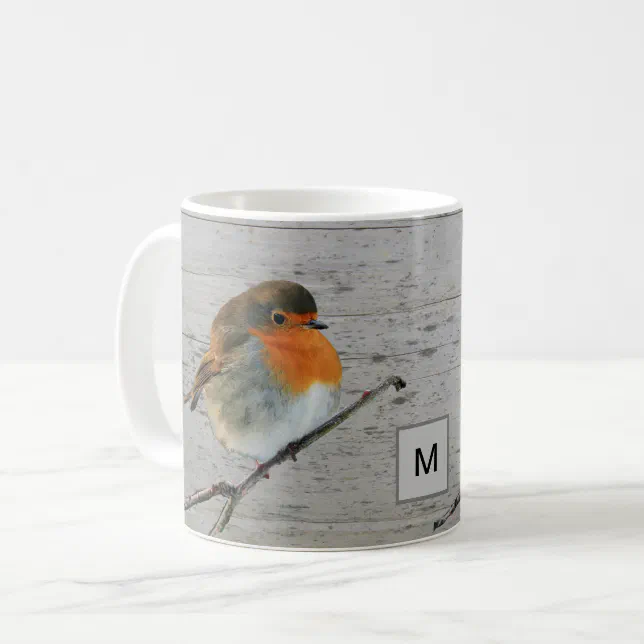 Robin bird red breast on wood monogrammed coffee mug | Zazzle