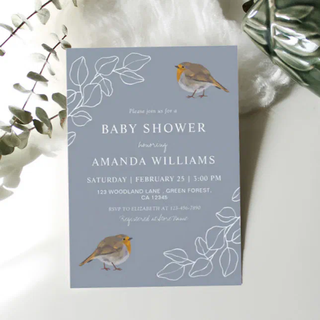 Robin Botanical Dusty Blue Baby Shower Invitation | Zazzle