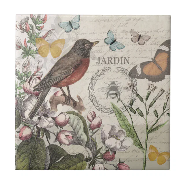 Robin Elegant Bird Butterfly French Art Ceramic Tile | Zazzle
