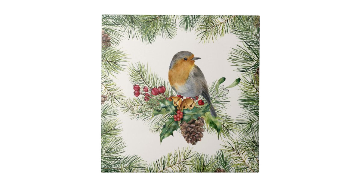Robin, holly, pine Christmas Ceramic Tile | Zazzle