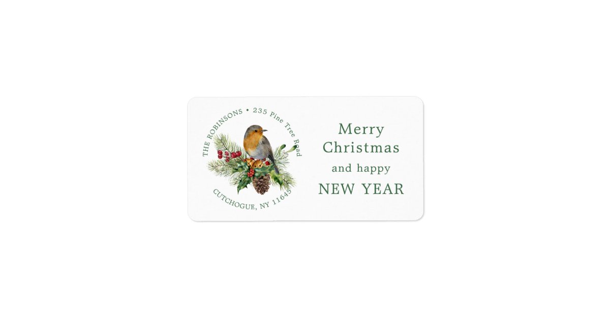 Robin, holly, pine Christmas return address label | Zazzle