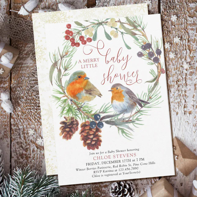 Robin Pine Cone Wreath Merry Little Baby Shower Invitation | Zazzle