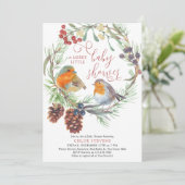 Robin Pine Cone Wreath Merry Little Baby Shower Invitation | Zazzle