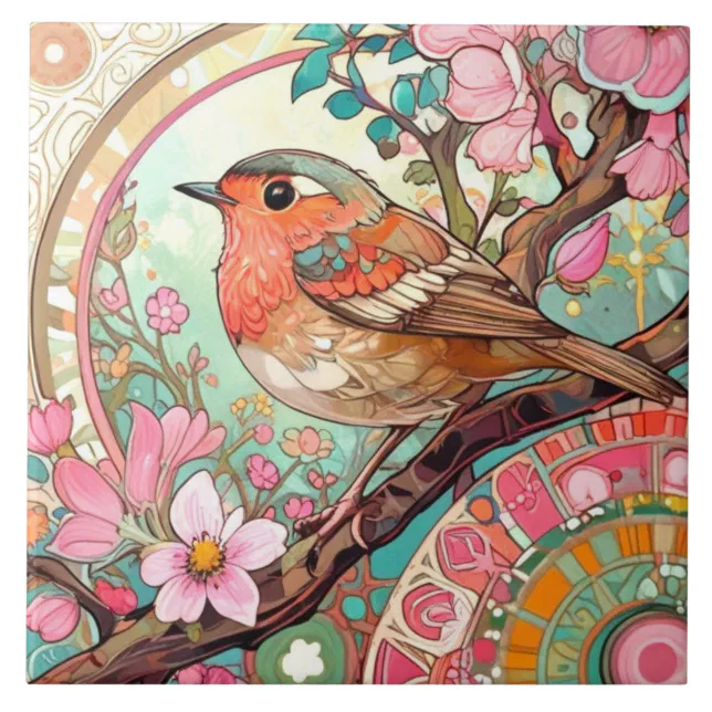 Robin Red Breast Bird Pink Floral Spring Flowers Ceramic Tile | Zazzle