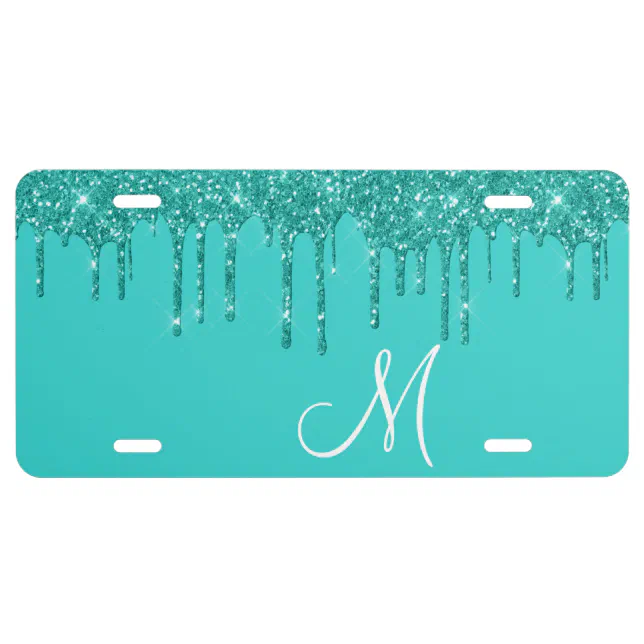 Robin's Egg Blue Teal Glitter Drips Monogram License Plate | Zazzle