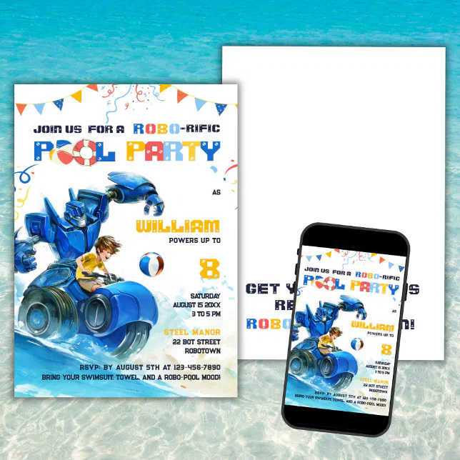 Robo Pool Party Birthday Invitation | Zazzle