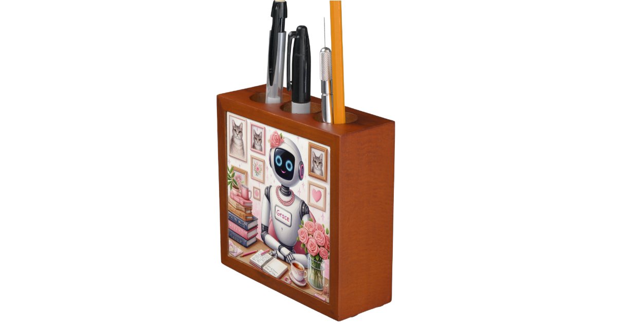 Robot AI Assistant Grace Girly Tech Desk Organizer | Zazzle