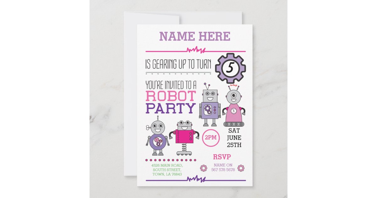 ROBOT Birthday Party Pink Gears Cogs Robots Invite | Zazzle