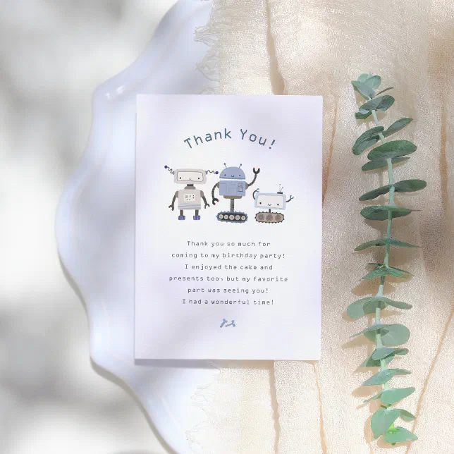 Robot Blue Birthday Party Thank You Card | Zazzle