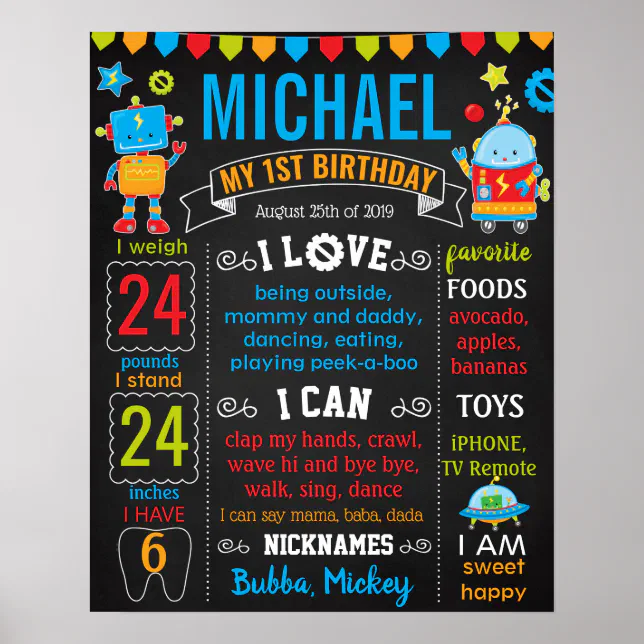 Robot First Birthday chalkboard sign | Zazzle