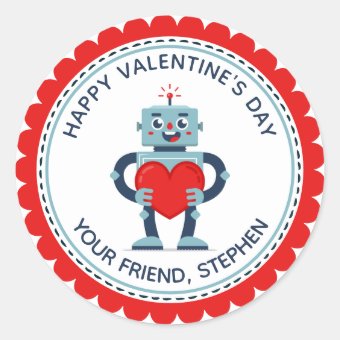 Robot Heart Cute Personalized Valentine Classic Round Sticker | Zazzle