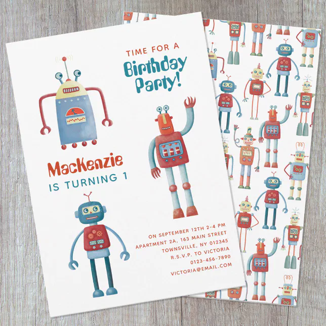 Robot Kids First Birthday Party Invitation | Zazzle